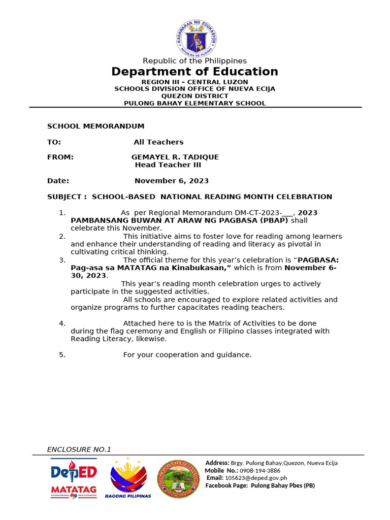 Pbes Reading Month Month Memo and Acr S.y.23 24 | PDF