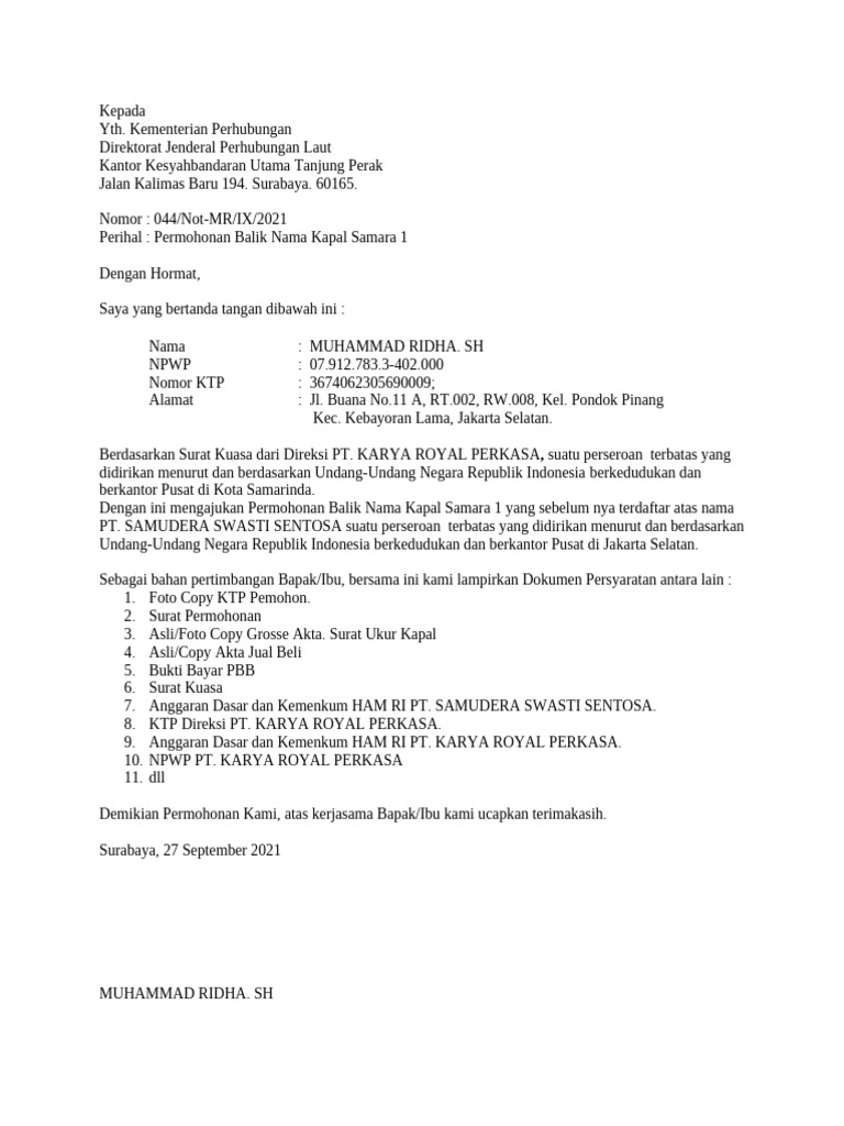 Surat Permohonan Ke Syahbandar | PDF