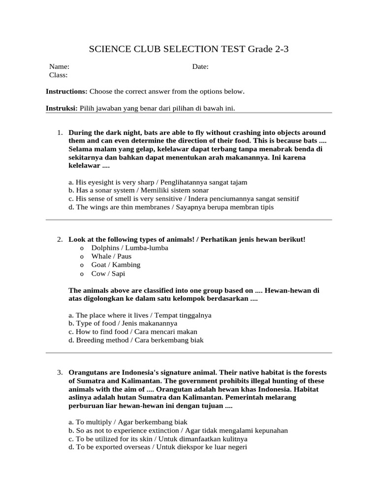 SCIENCE CLUB SELECTION TEST Grade 2 | PDF