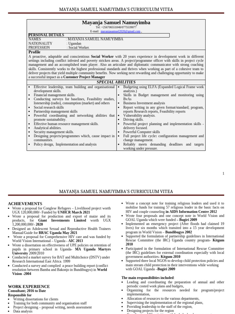Social Work Expert CV - Mayanja Samuel | PDF | Career & Growth | Art