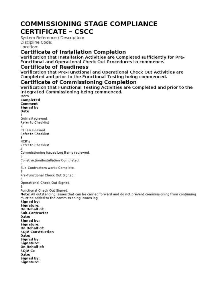 Commissioning Stage Compliance Certificate | PDF
