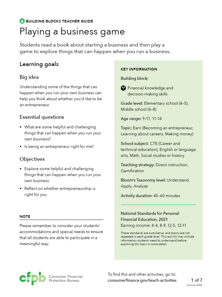 CFPB Building Block Activities Playing-Business-Game Guide | PDF | Entrepreneurship