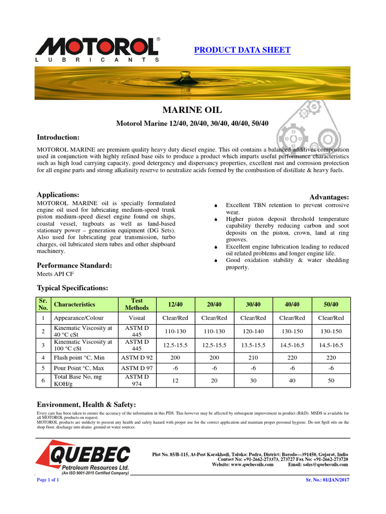 MOTOROL Marine Oil Product Data Sheet | PDF | Motor Oil | Engines