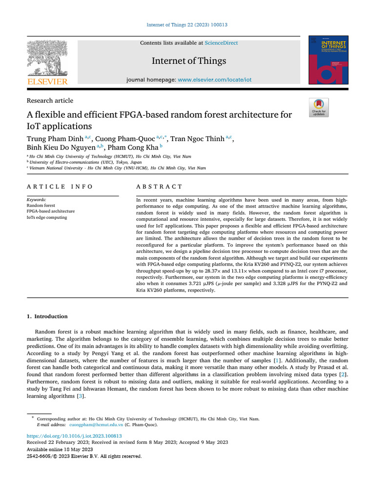 A Flexible and Efficient FPGA-based Random Forest Architecture For IoT Applications | PDF