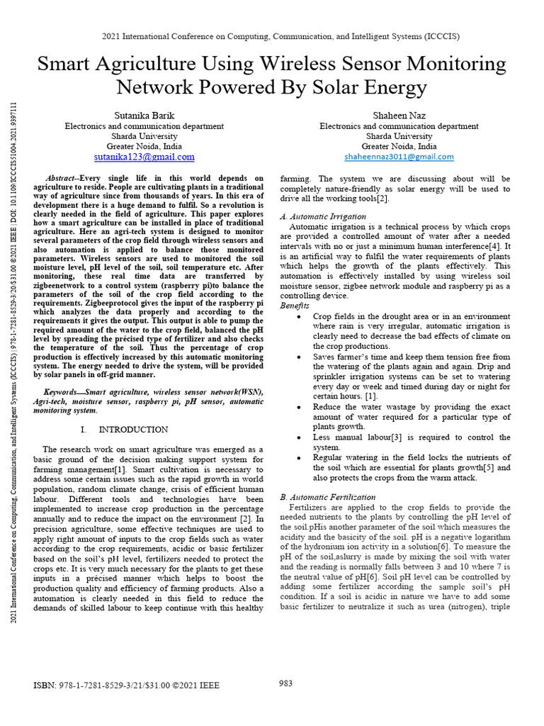 Smart Agriculture Using Wireless Sensor Monitoring Network Powered By Solar Energy Pdf
