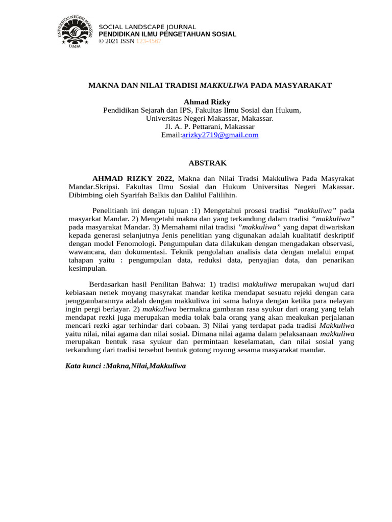 Jurnal Makna Dan Nilai Tradisi Makkuliwa Pada Masyarakat Mandar | PDF