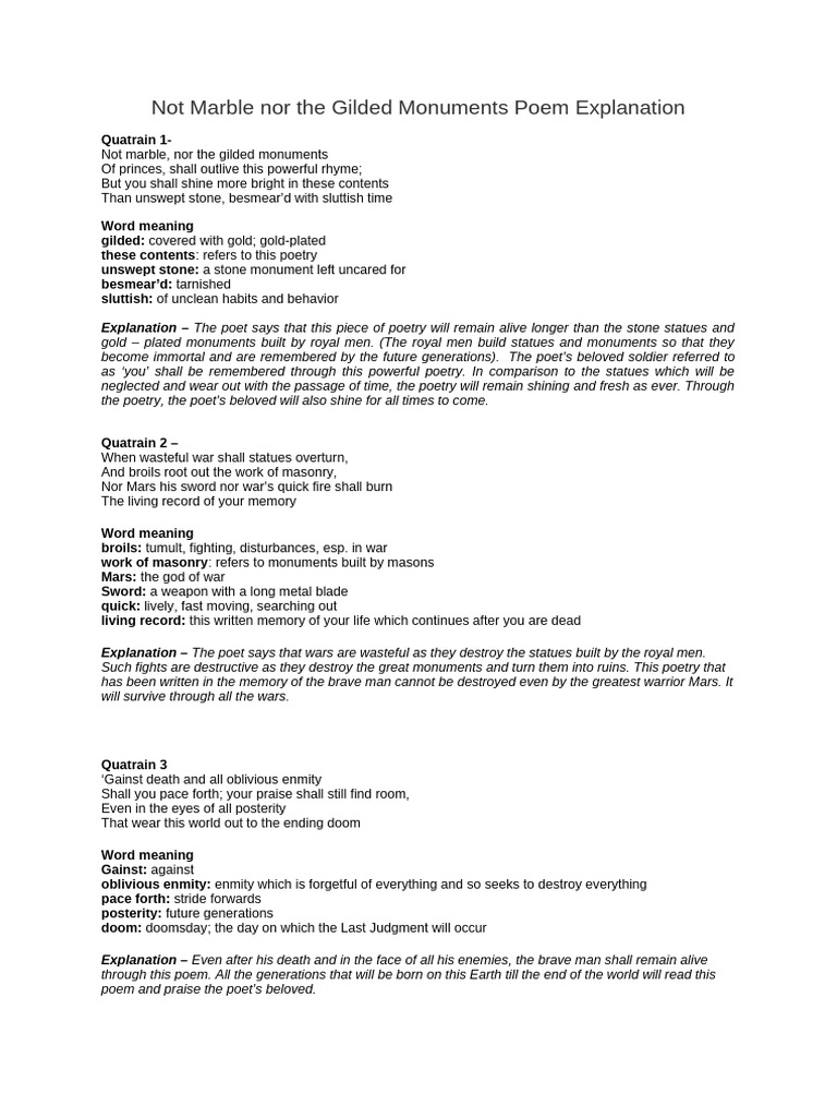 Not Marble Nor The Gilded Monuments Poem Explanation | PDF