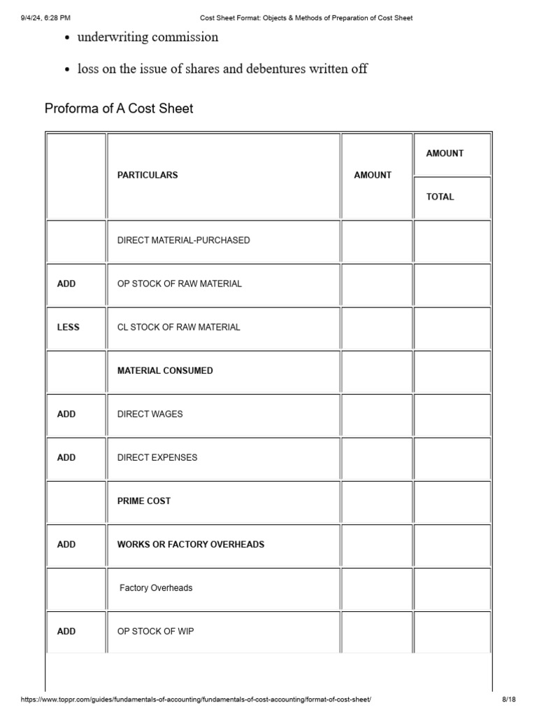 Cost Sheet Format - Objects & Methods of Preparation of Cost Sheet | PDF