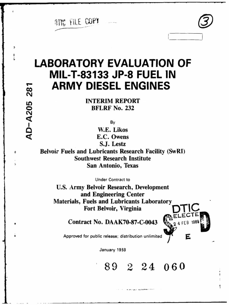Laboratory Evaluation of JP8 Fuel in Army Diesel Engines | PDF