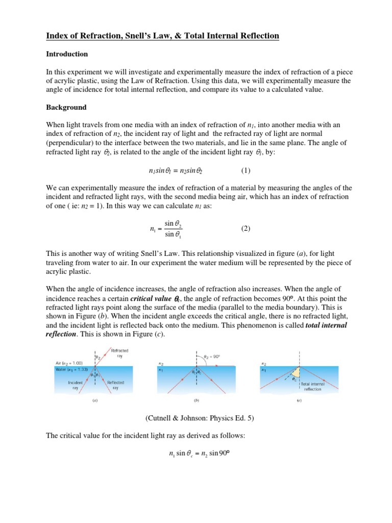Expt 16 Snell's Law & Total Internal Reflection | PDF | Refraction ...