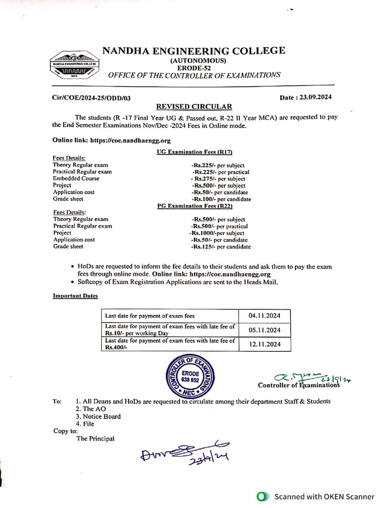 R17-Final Year UG&R22-II MCA Revised Exam Fees Circular-1 | PDF