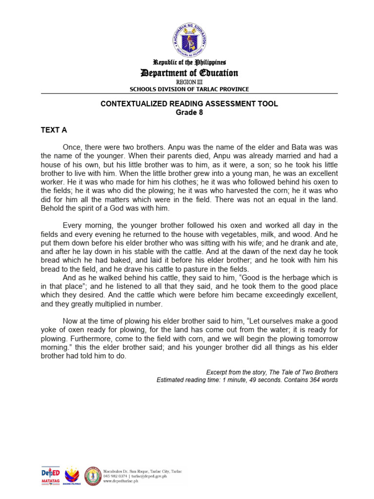 GRADE 8. CONTEXTUALIZED READING ASSESSMENT TOOL (1) | PDF