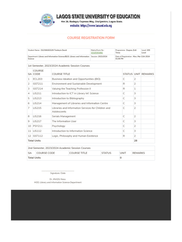 Course Registration Form - 22120301082 | PDF