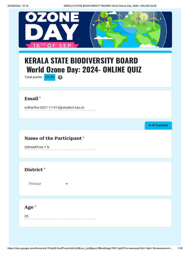 KERALA STATE BIODIVERSITY BOARD World Ozone Day - 2024 - ONLINE QUIZ | PDF