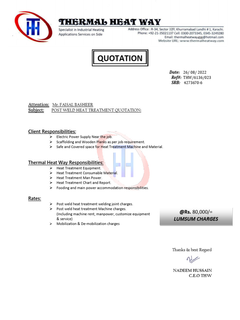 PWHT - Quotation 2 | PDF