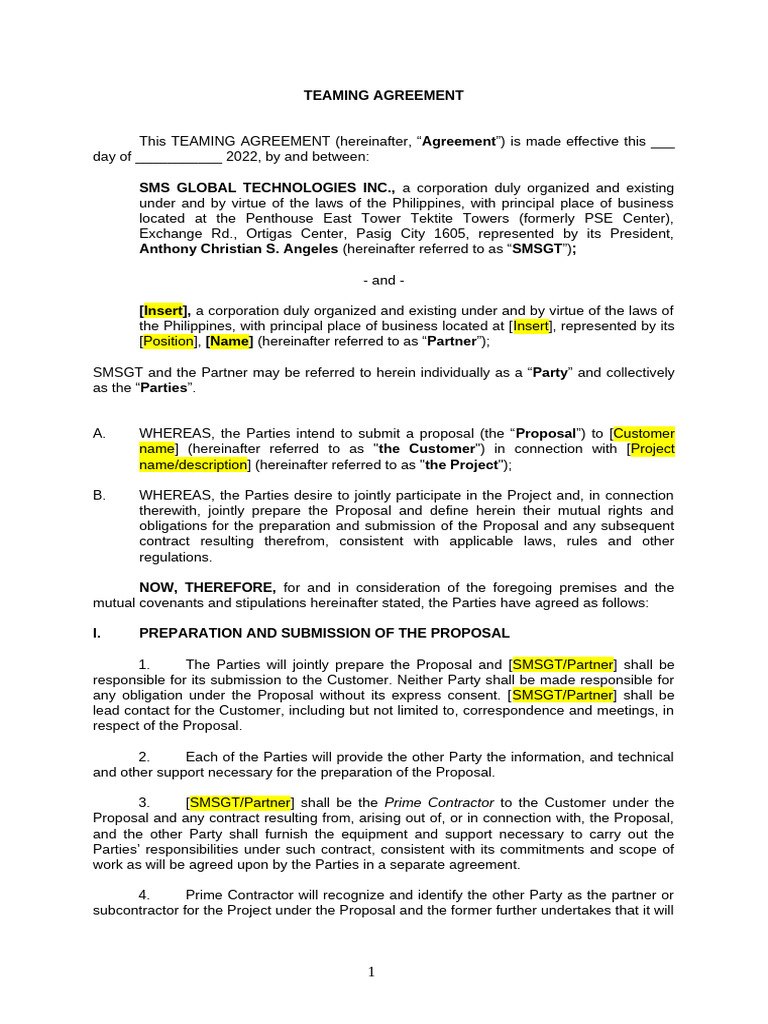 Teaming Agreement (Template) v1 | PDF