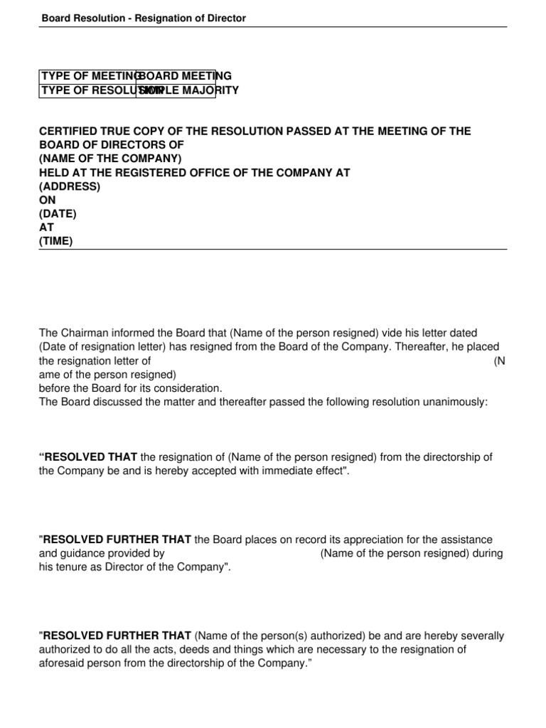 Board Resolution Resignation of Director | PDF