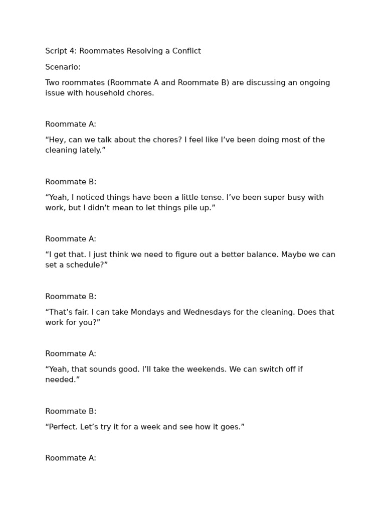 Script 4 Roommates Resolving A Conflict | PDF