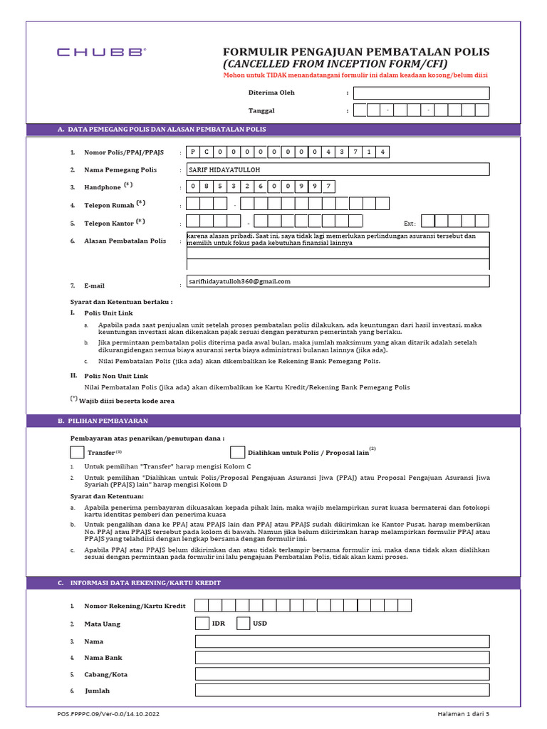 Formulir Pengajuan Pembatalan Polis Atau Cancelled From Inception Form ...