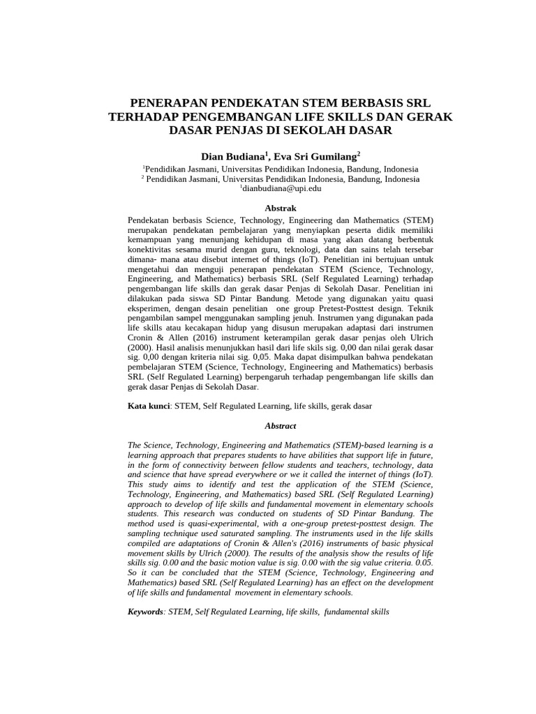 Penerapan Pendekatan Stem Berbasis SRL Terhadap Pengembangan Life Skills Dan Gerak Dasar Penjas ...
