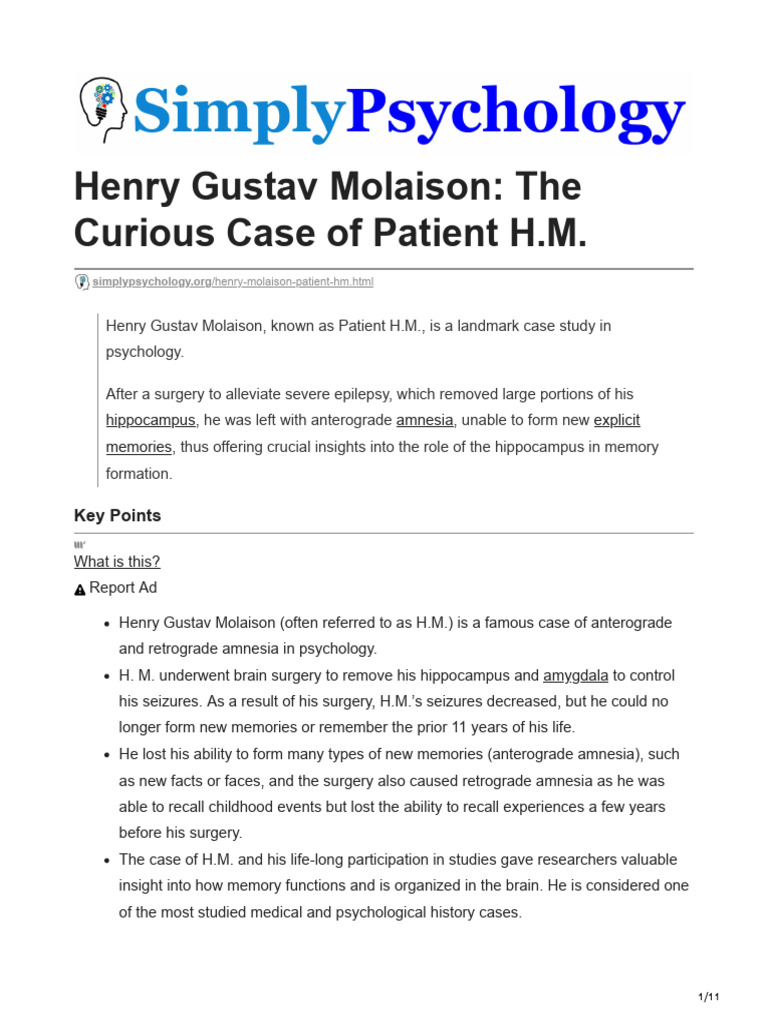 Henry Gustav Molaison The Curious Case of Patient HM | PDF | Amnesia ...