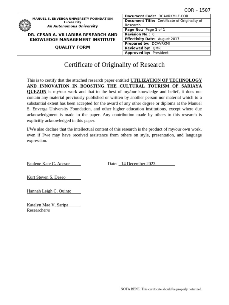 Research Originality Certificate | PDF