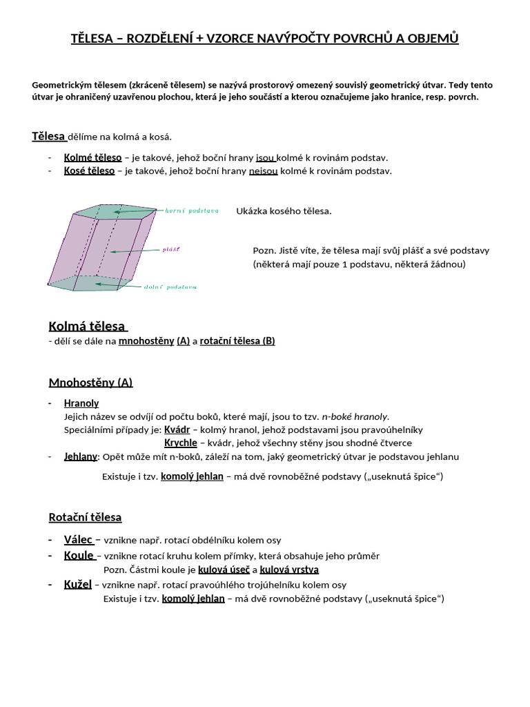 Tělesa - Vzorce | PDF