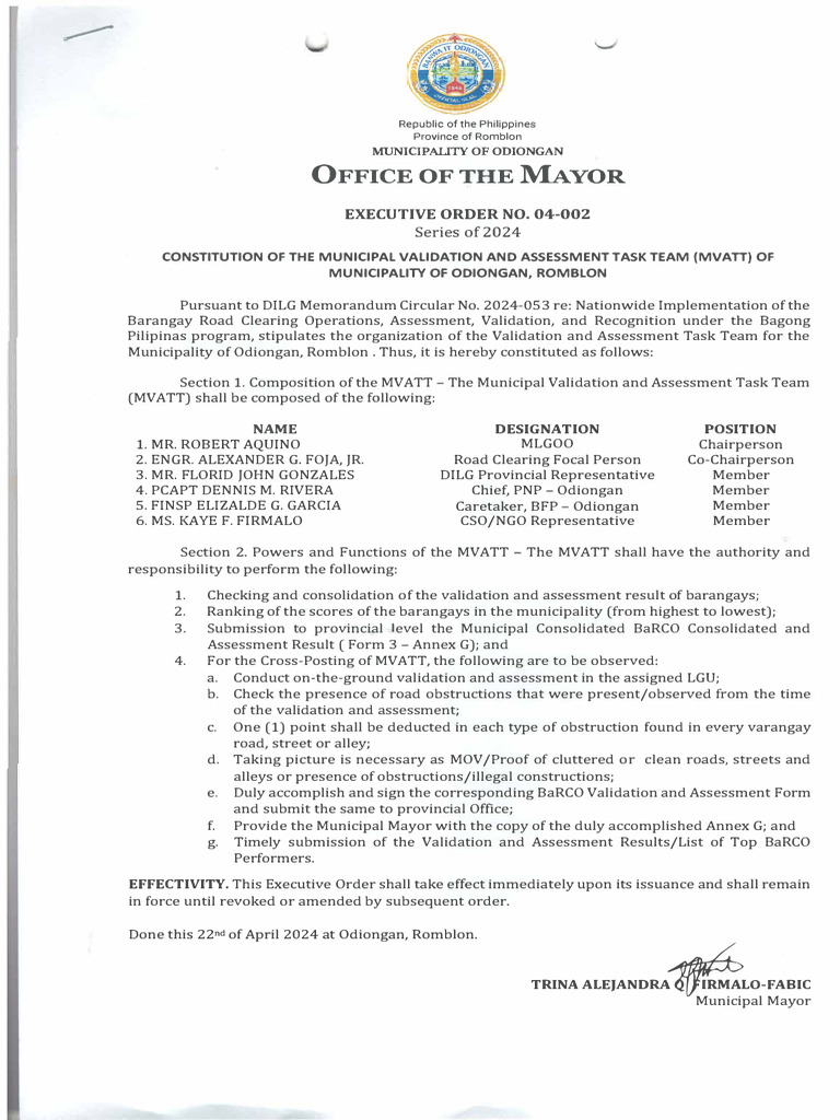 16 Executive Order No. 04 002 Constitution of The Municipal Validation ...