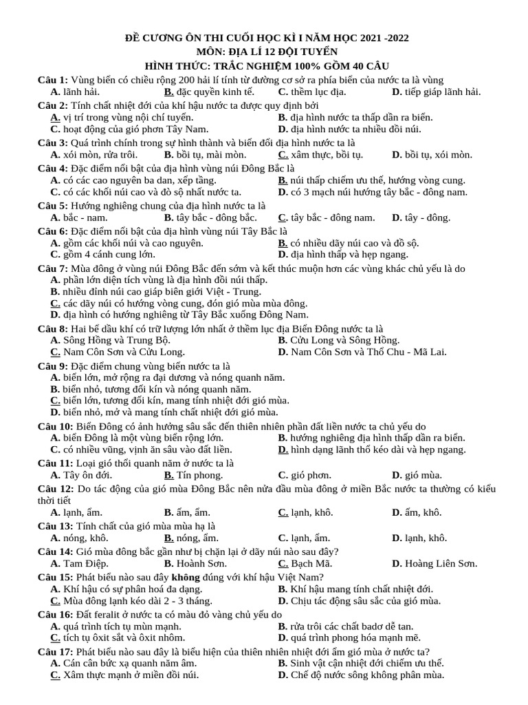 ĐỀ CƯƠNG KTRA CUỐI KÌ 1 12 ĐT | PDF