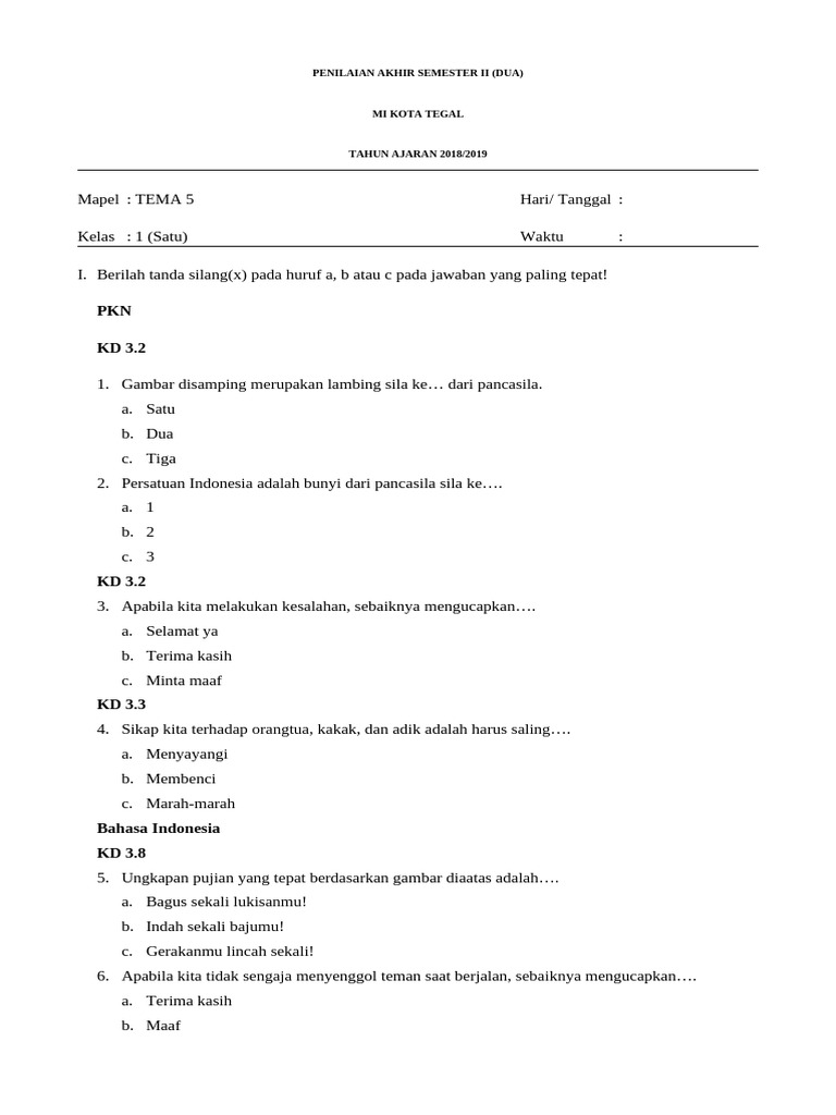 PAS TEMA 5 Kls 1 | PDF