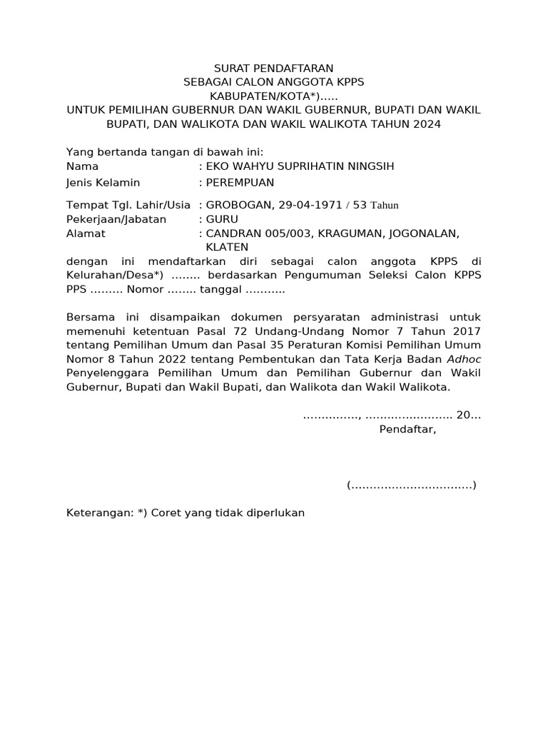 SURAT PENDAFTARAN (1) Bu Wahyu | PDF
