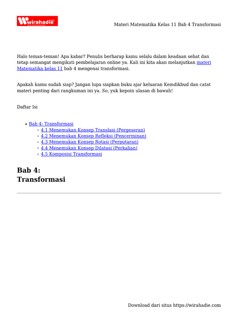 Materi Matematika Kelas 11 Bab 4 Transformasi | PDF