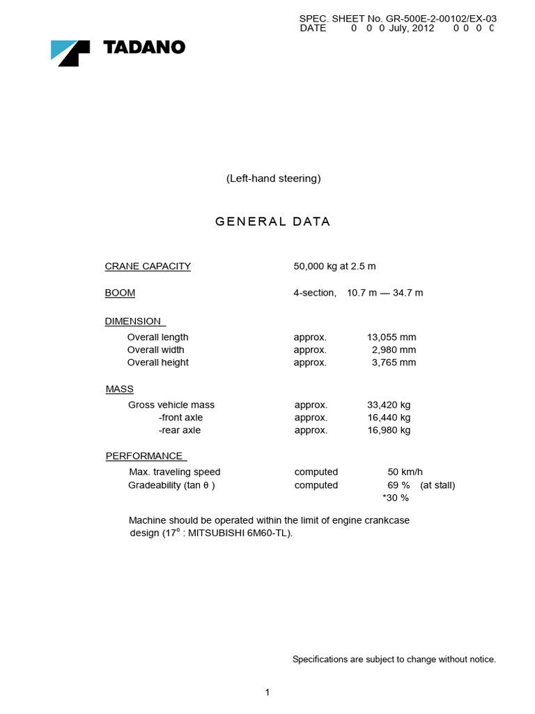 11.11 TADANO GR 500EX - Crane Data, Load and Range Chart | PDF