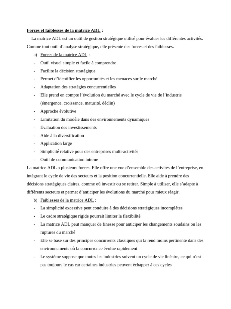 Forces Et Faiblesses de La Matrice ADL | PDF