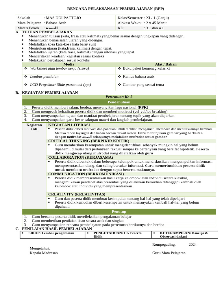 RPP I Bhs Arab Kelas 11 SEM 1 | PDF