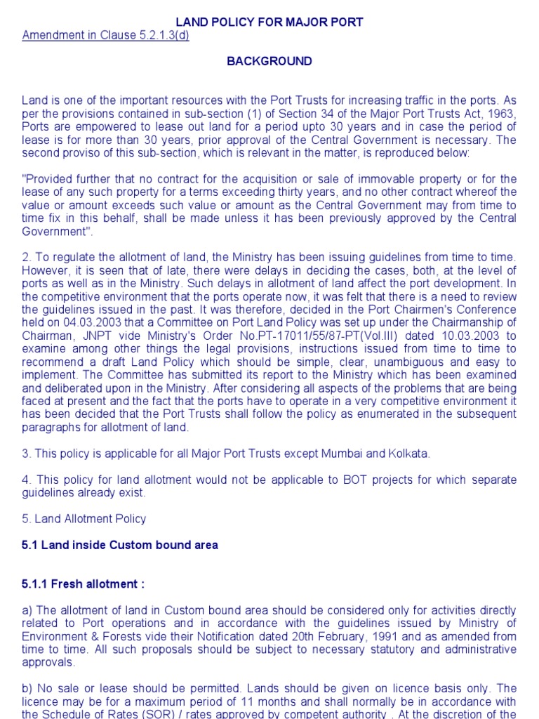 Land Policy Guidelines for Major Ports | PDF | Lease | Renting