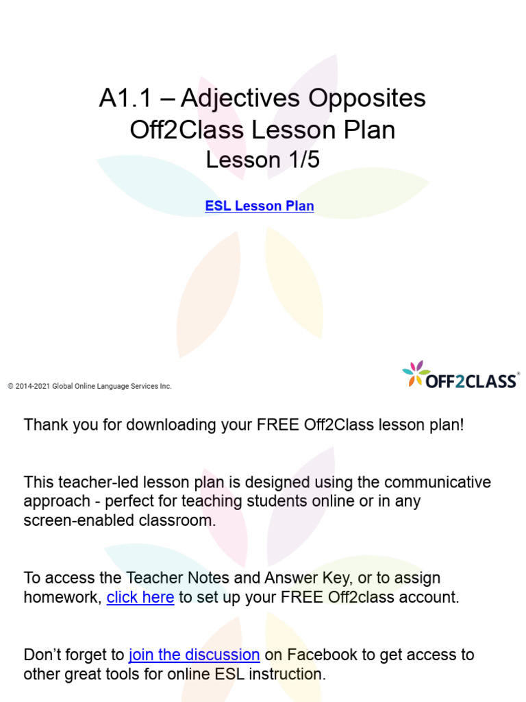 Off2Class Adjectives Opposites.01 | PDF | Lesson Plan | English As A ...