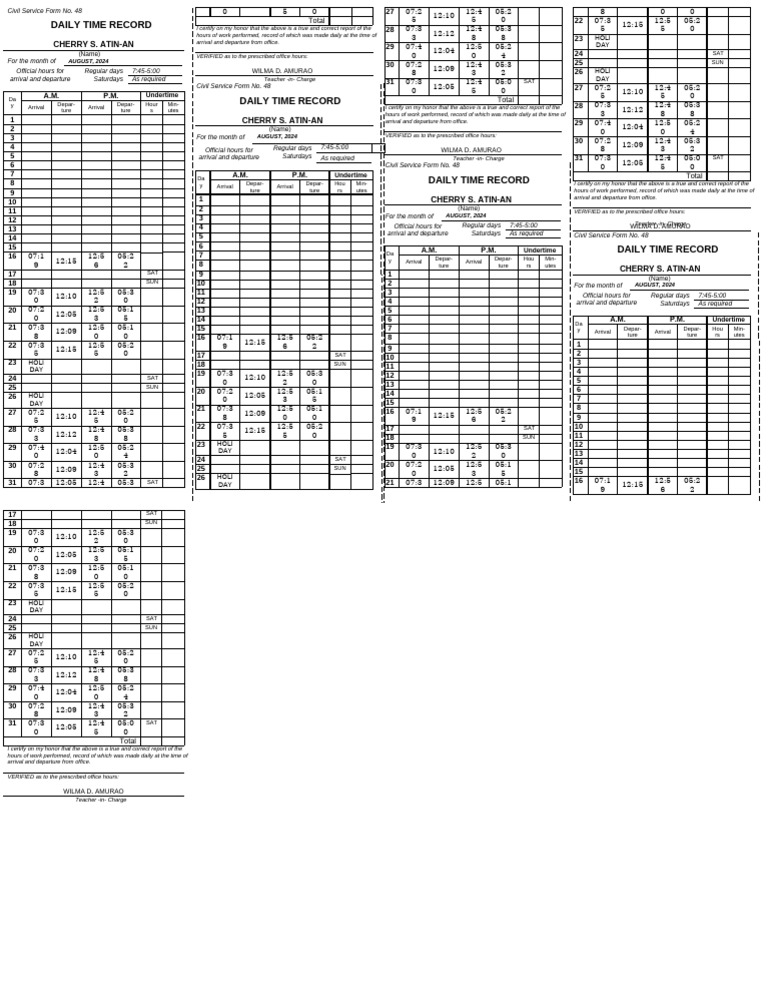 Digital Daily Time Record DTR A.-2024 | PDF