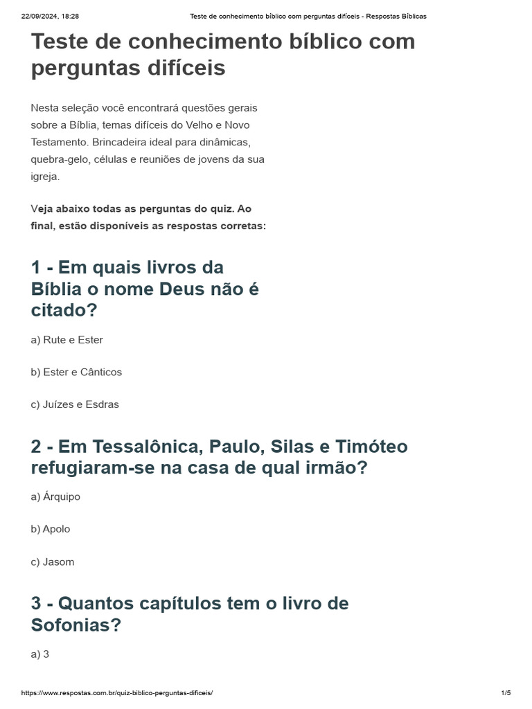 Teste de Conhecimento Bíblico Com Perguntas Difíceis - Respostas ...
