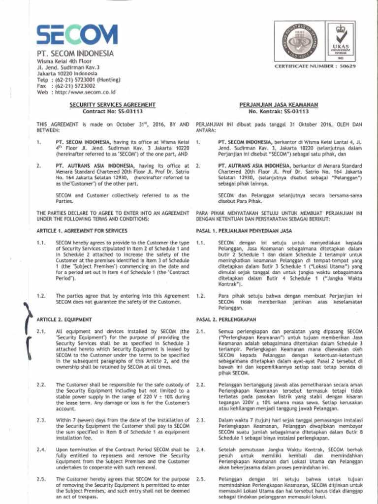 Security Service Agreement | PDF