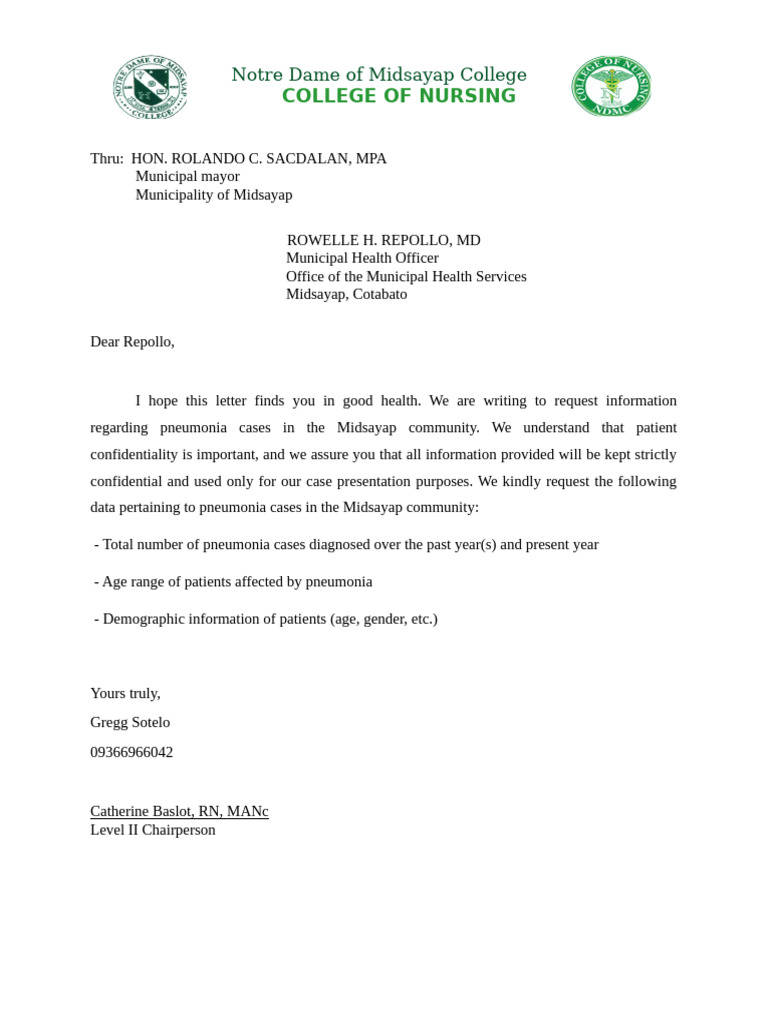 NDMC BSN 2 2nd Sem NCM 109 2A Case Presentation Patient X Formal Letter ...