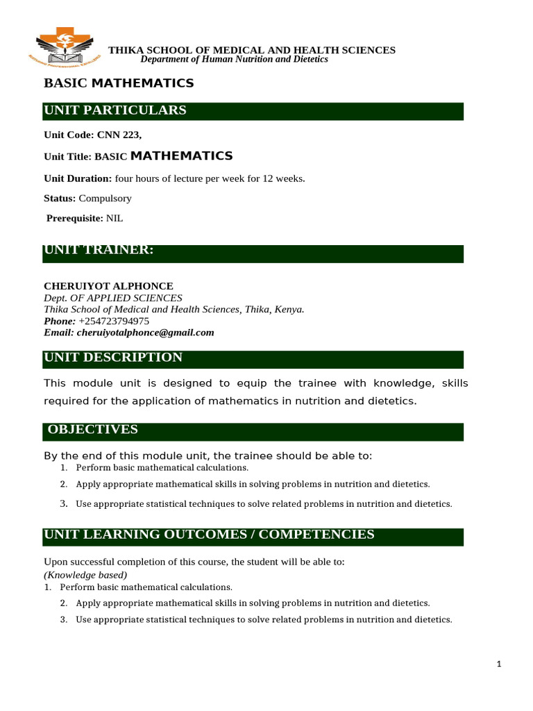 Basic Mathematics Course Outline | PDF