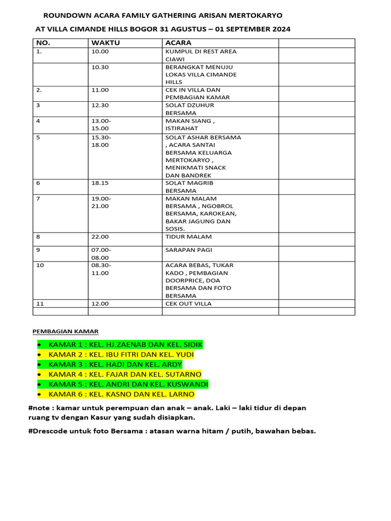Roundown Acara Family Gathering Arisan Mertokaryo | PDF