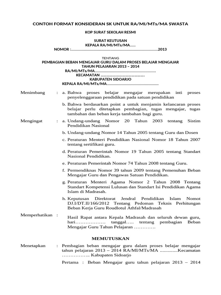Contoh Format Konsideran SK Untuk Rami Mts Ma Dan Mak | PDF