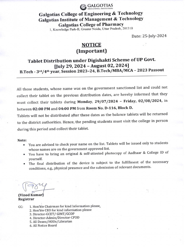 Tablet Distribution To The Students Who Have Not Collected Their Tabs | PDF