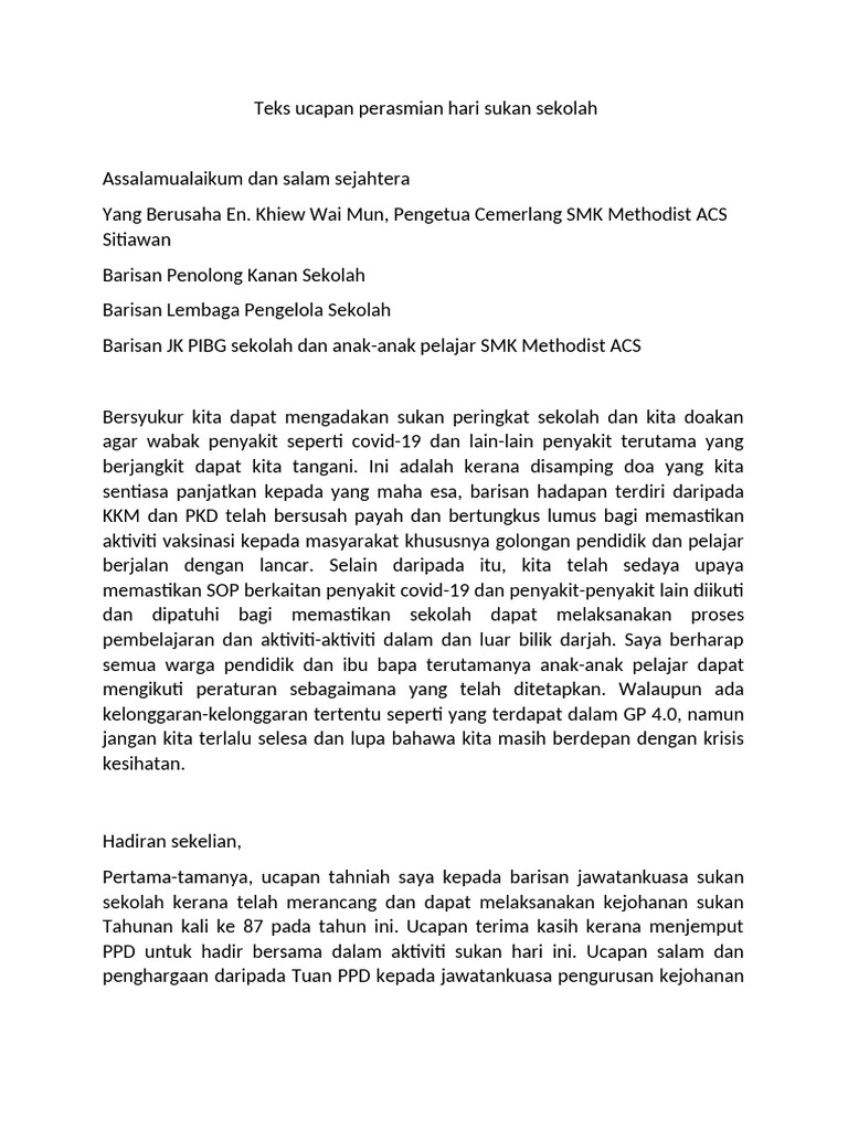 Teks Ucapan Perasmian Hari Sukan Sekolah Pdf