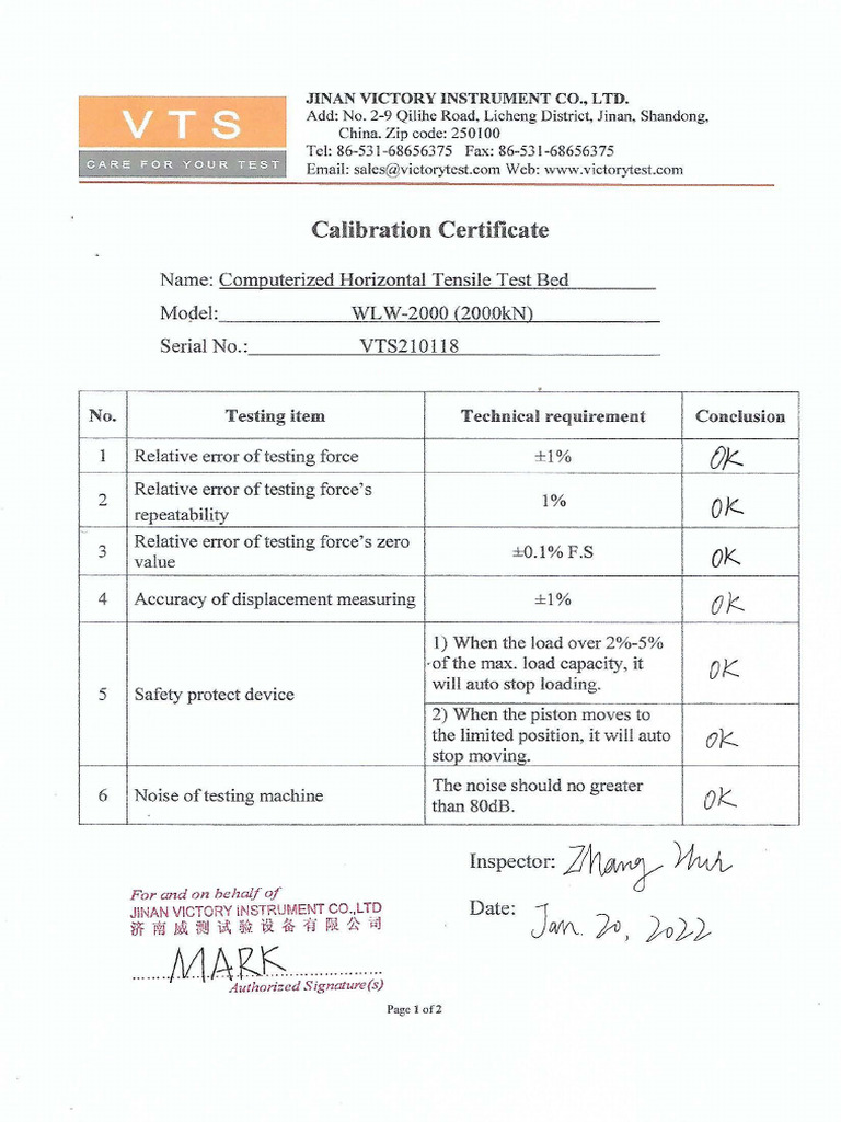 Test Bed Calibration Certificate - WLW-2000 - VTS | PDF