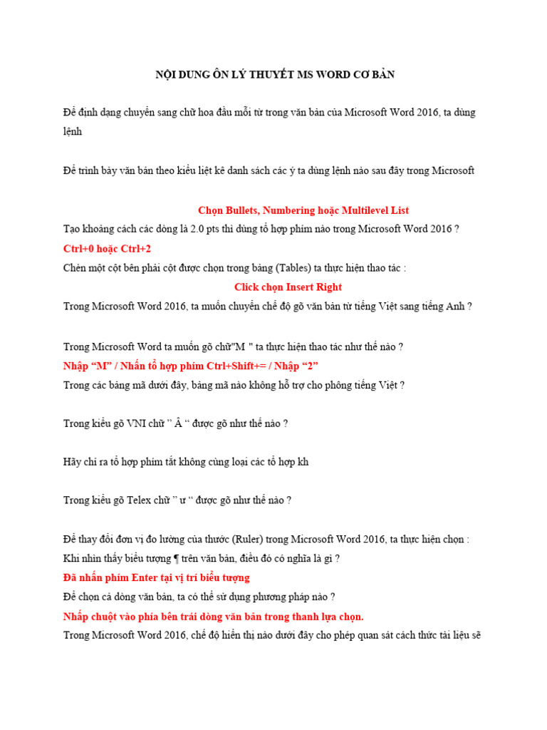 On Ly Thuyet MS Word Co Ban TH3 - 2023 | PDF | Text | Vietnam