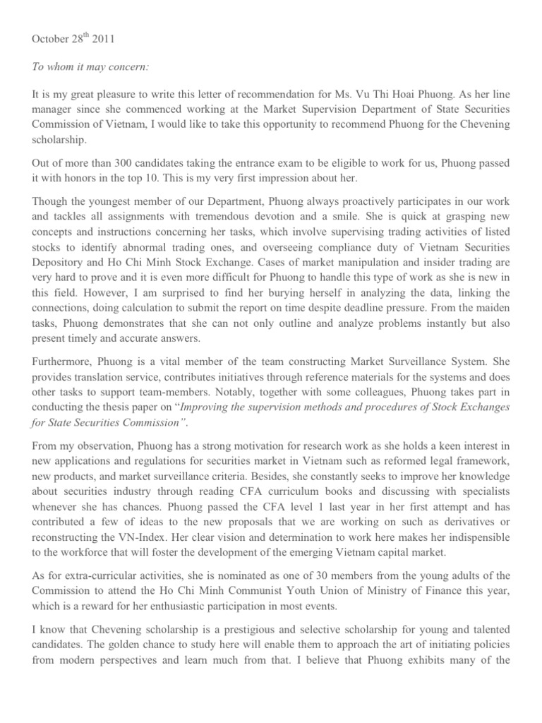 Letter of Recommendation - Chevening | PDF | Vietnam | Market (Economics)