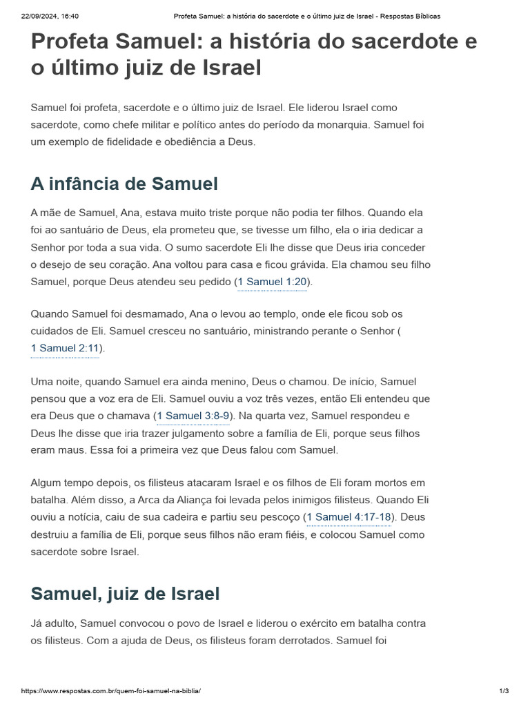 Profeta Samuel - A História Do Sacerdote e o Último Juiz de Israel - Respostas Bíblicas | PDF